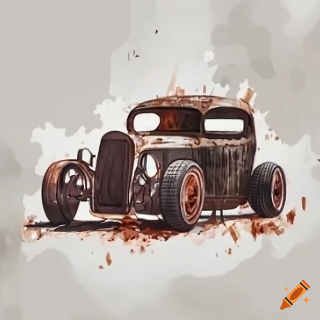 Rusty hot-rod car with flames in front of an abandoned garage on Craiyon