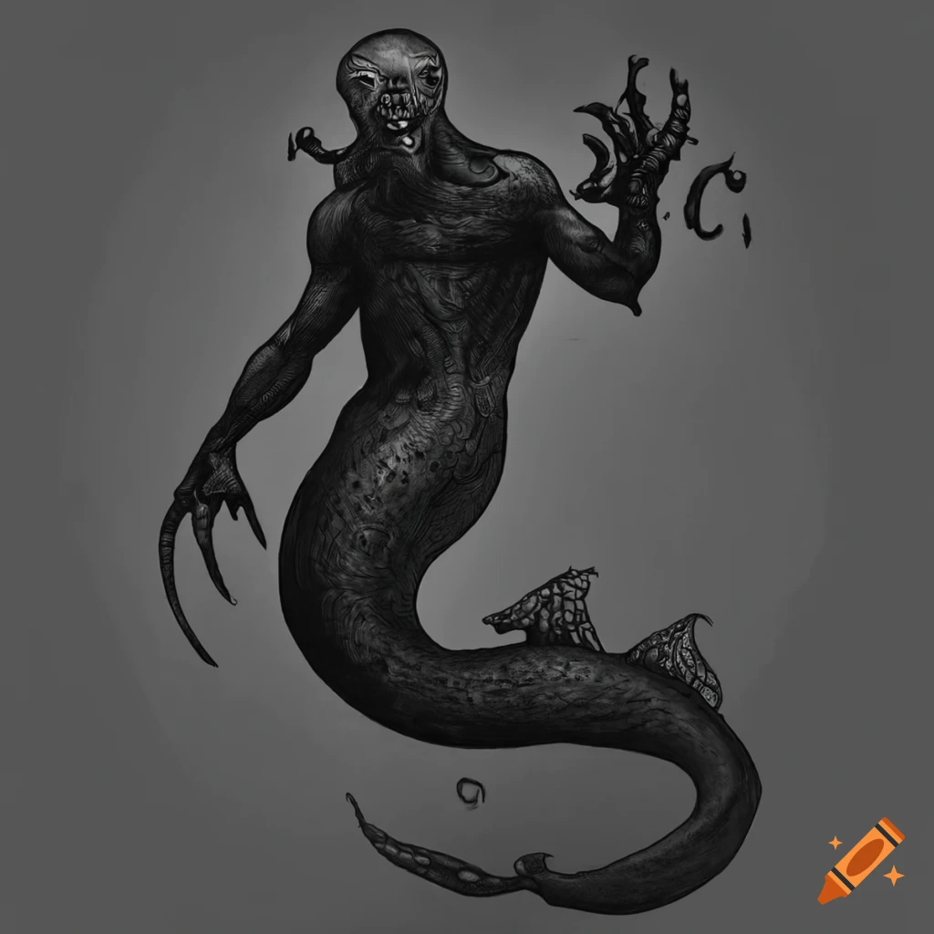 Detailed etching of a lovecraftian merman monster on Craiyon