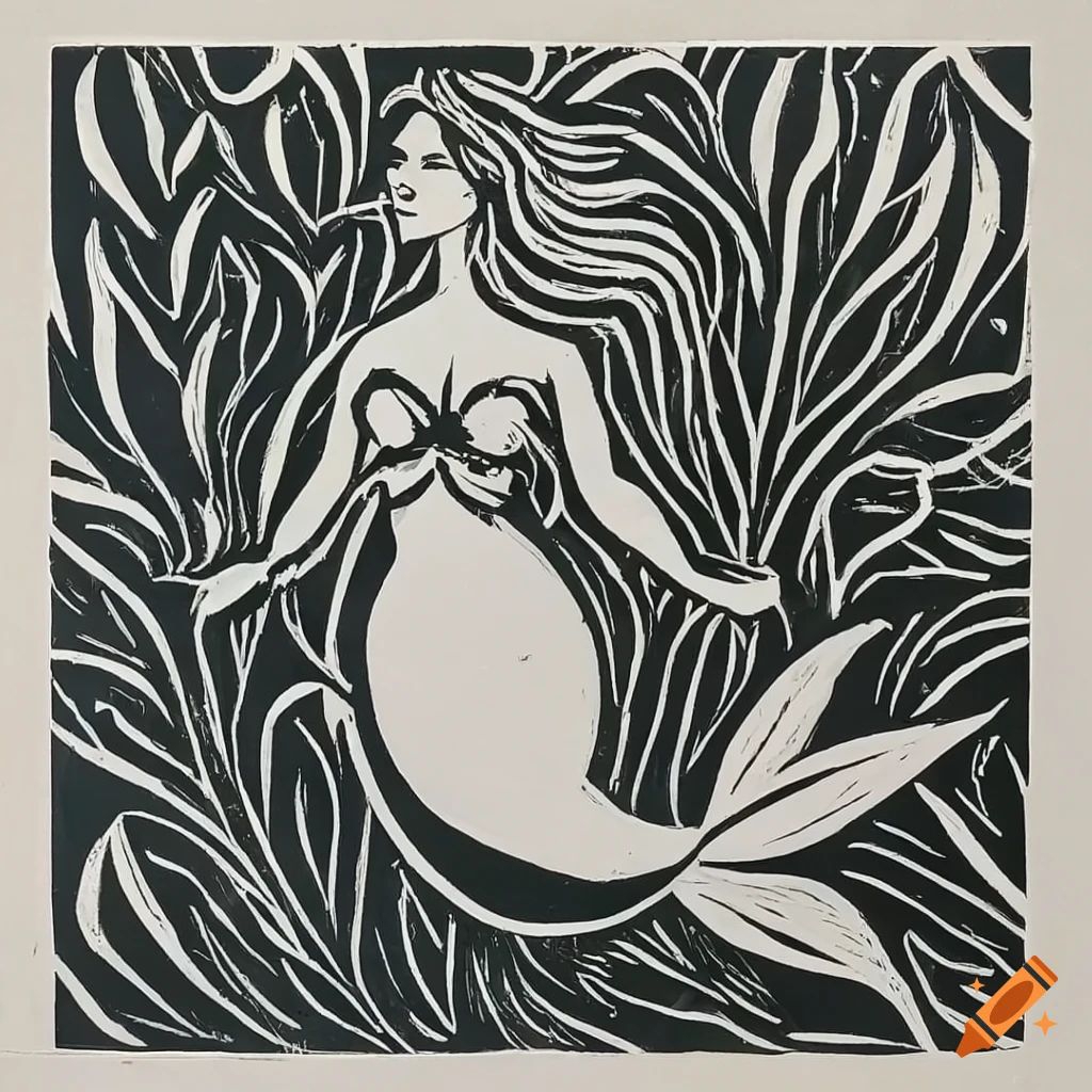 Black and white linocut of a mermaid on Craiyon