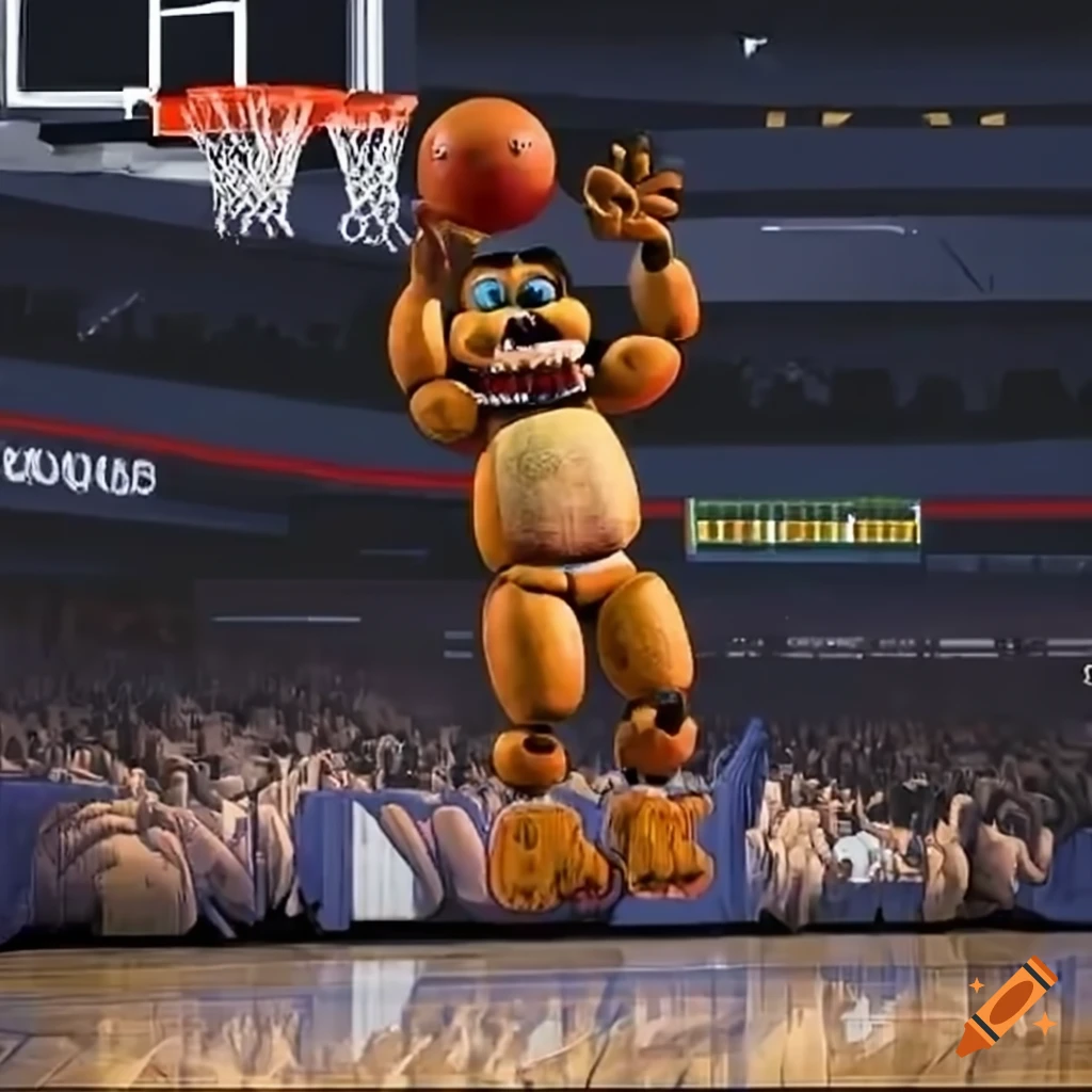 Freddy fazbear performing a basketball slam dunk on Craiyon