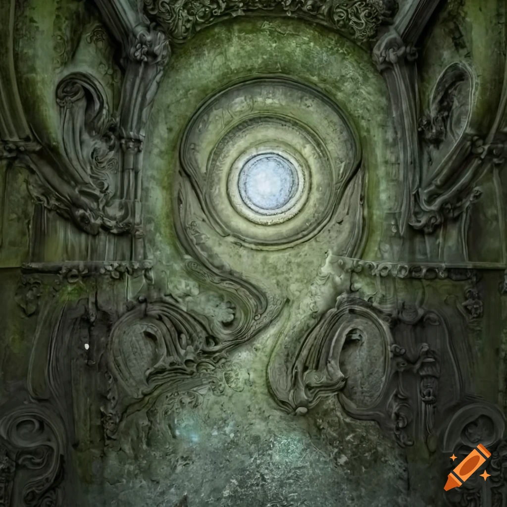 Baroque moss-covered door with a spiral galaxy bas-relief on Craiyon