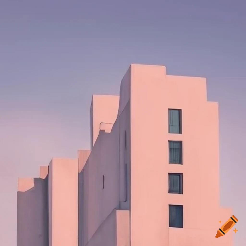 Pastel-colored art deco building made from rammed earth on Craiyon