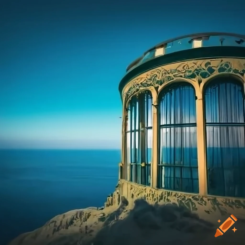 Art nouveau circus with metal roof and glass windows on a cliff on Craiyon
