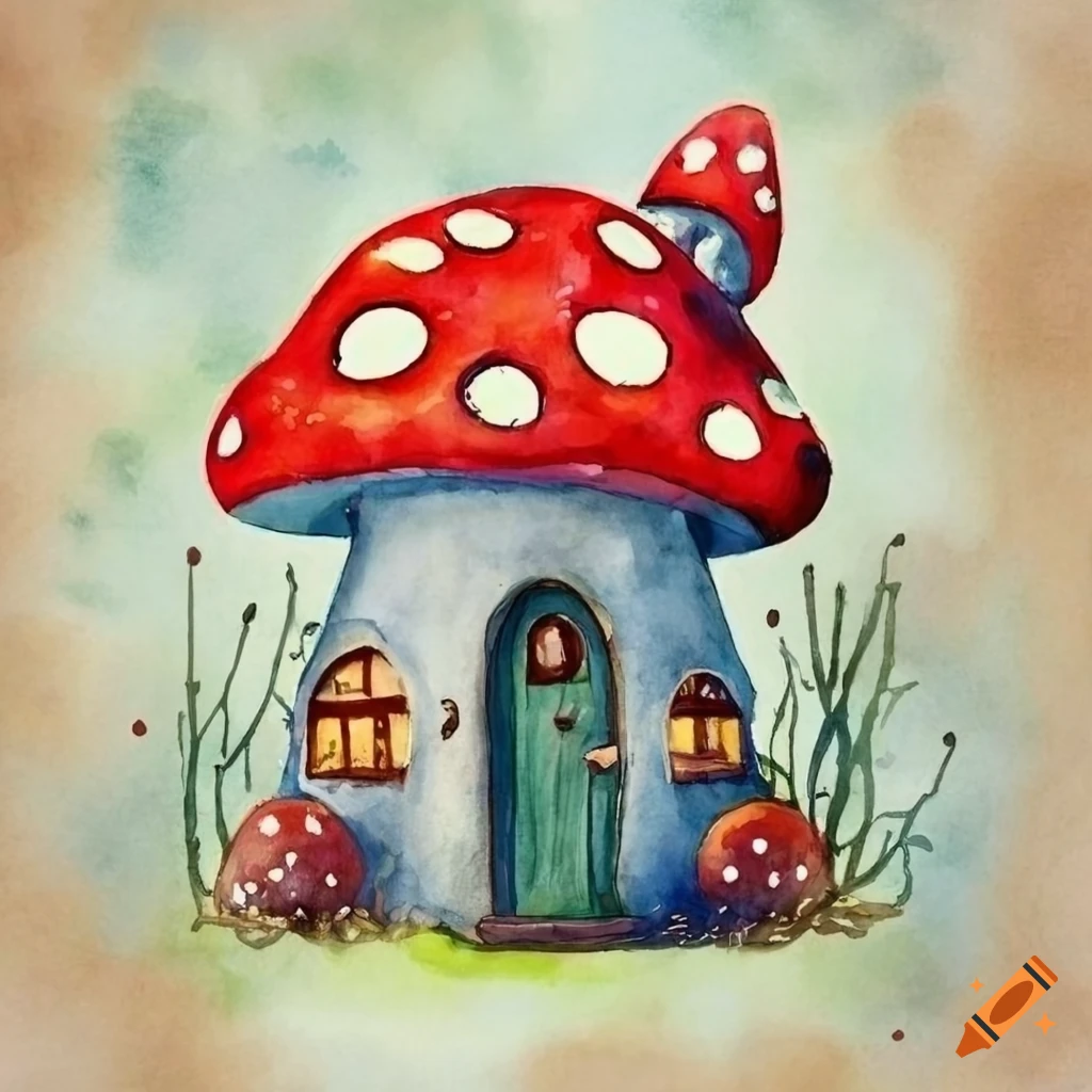 Watercolor illustration of a whimsical mushroom house on Craiyon