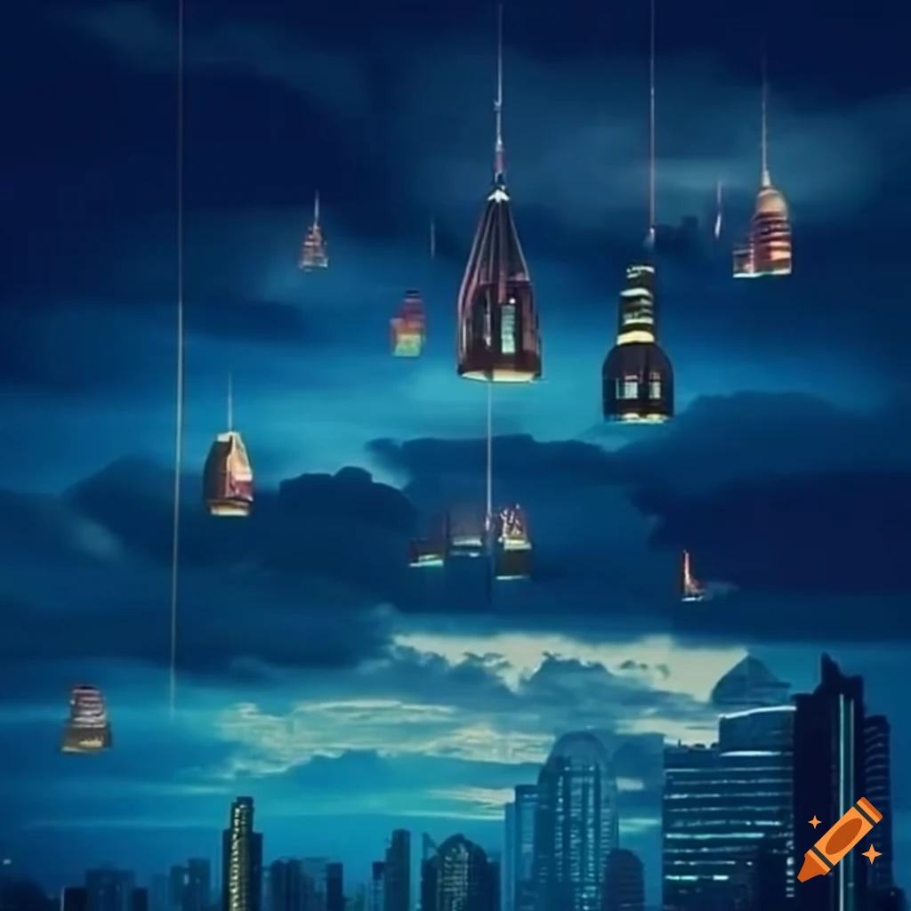 Surreal cityscape with floating buildings and people
