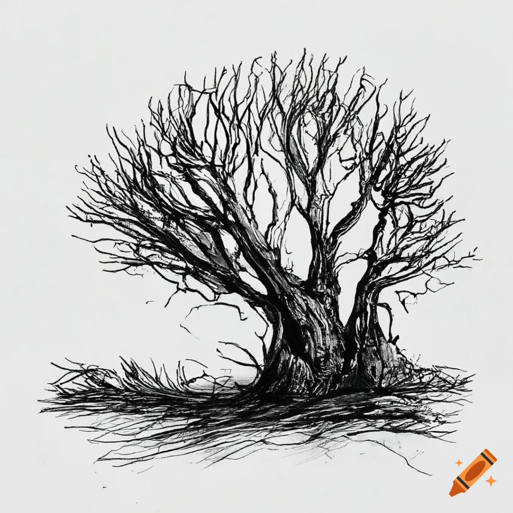 Black and white ink drawing of a split dead tree on Craiyon