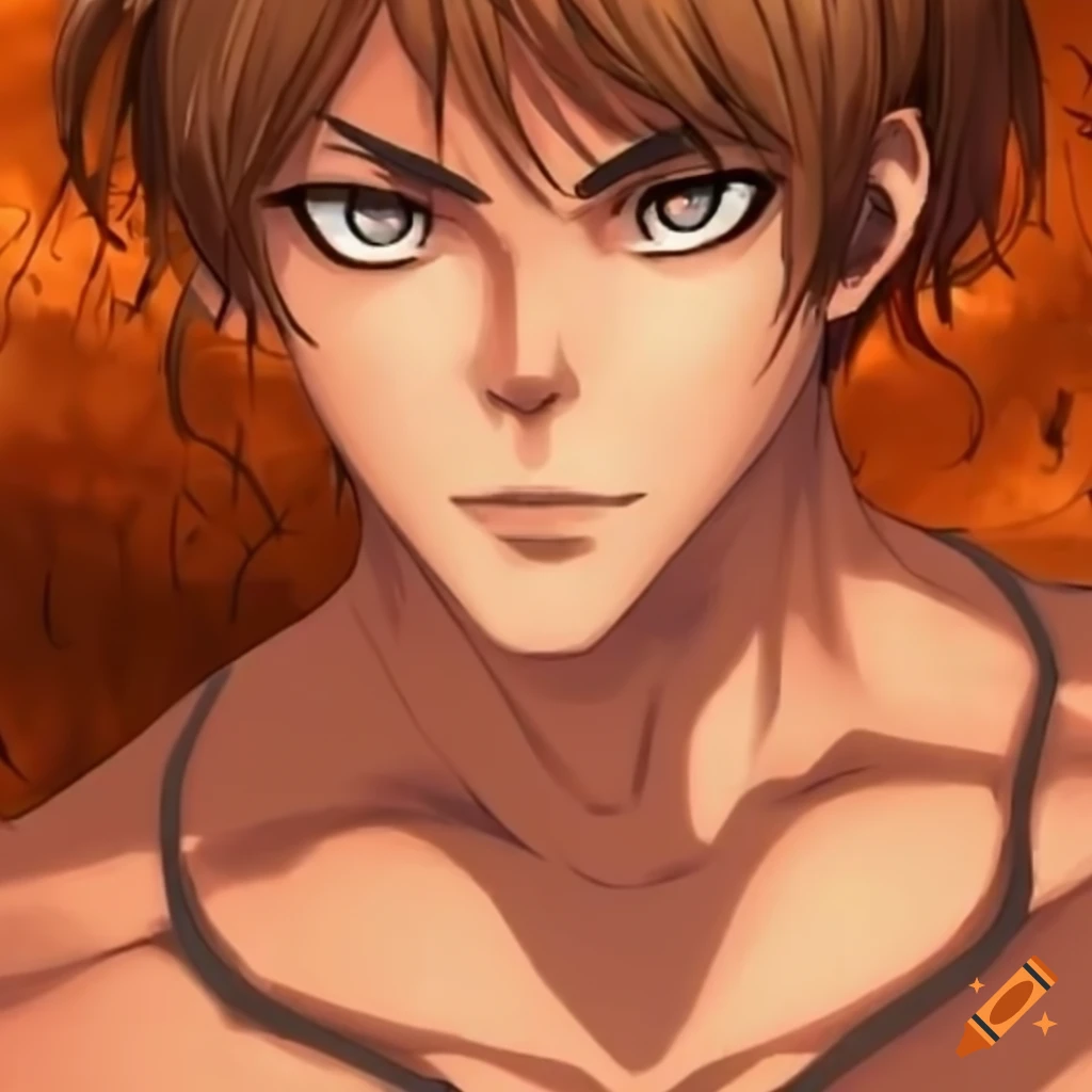 Buff anime character with brown hair and brown eyes on Craiyon