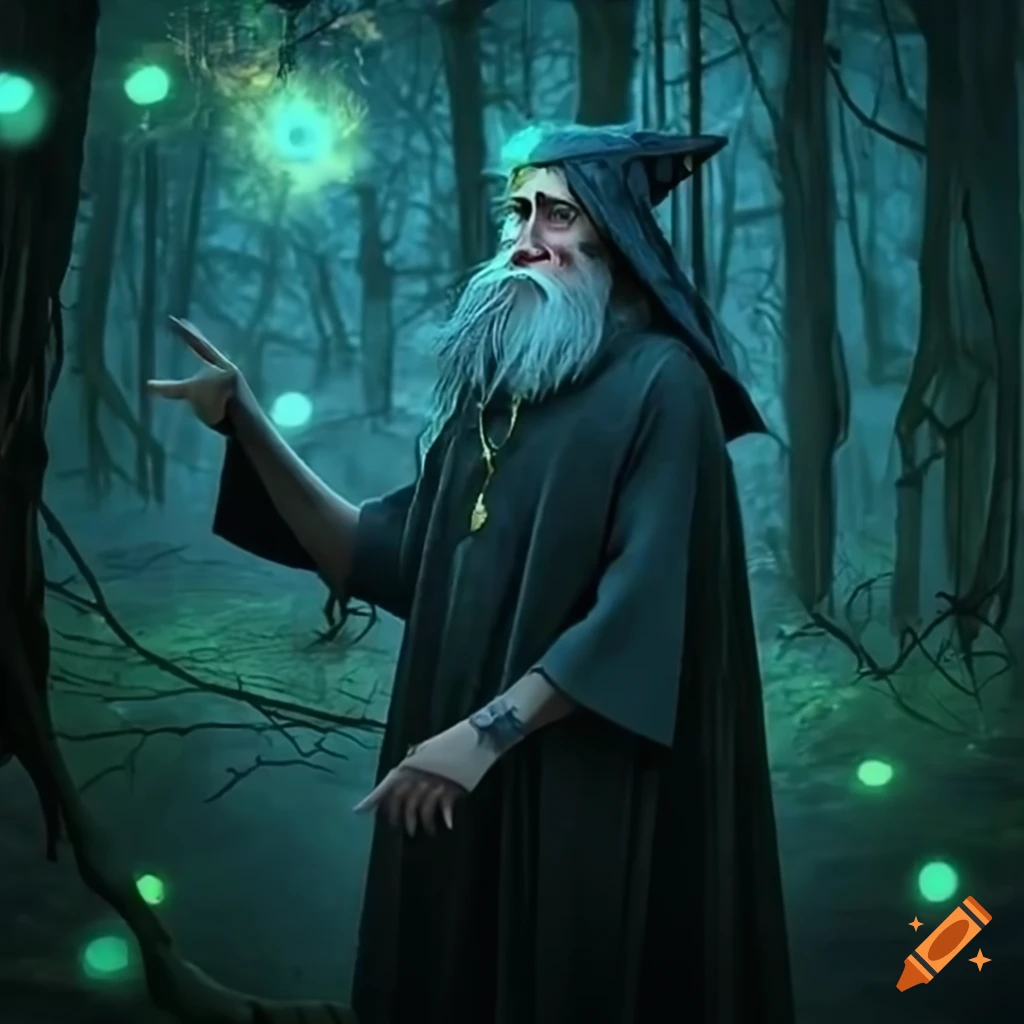 Wizard surrounded by turtles and lizards in a forest on Craiyon