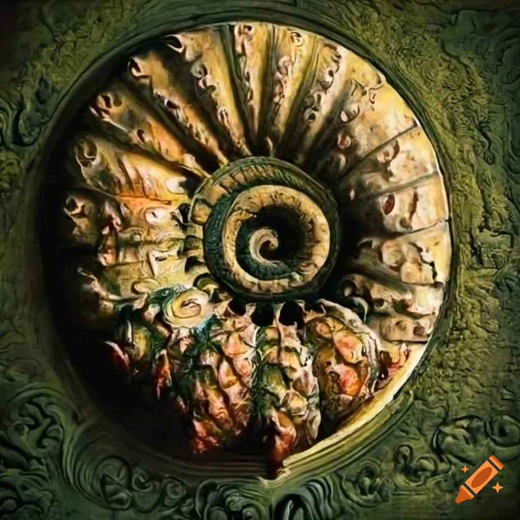 Renaissance fresco style of a pineapple spiral on a stone door on Craiyon