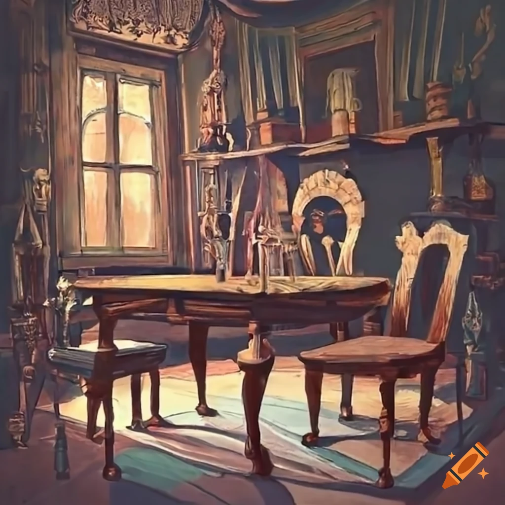 Artistic depiction of an old wooden dining table with sunlight on Craiyon