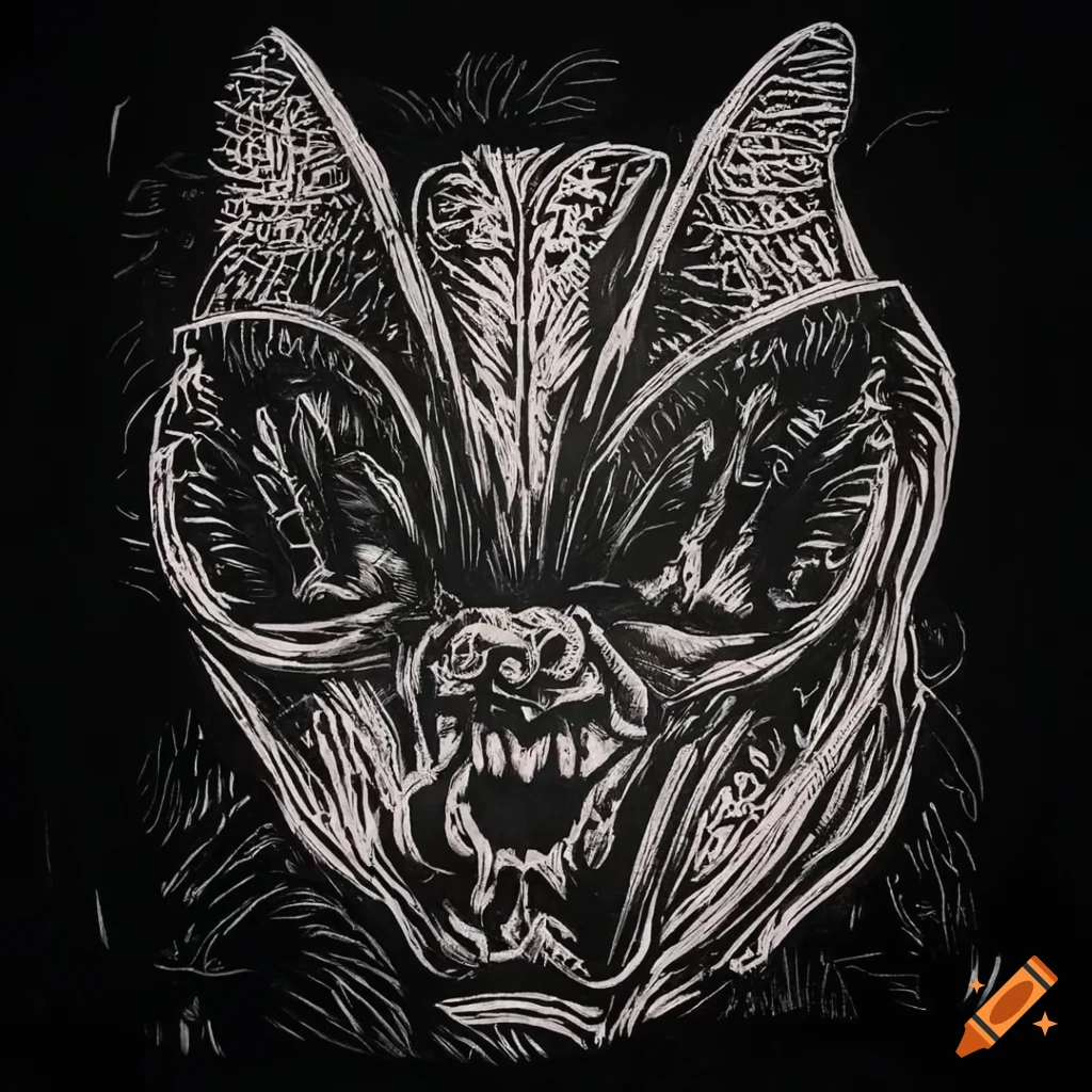 Linocut artwork of Huctigaras the bat demon on Craiyon