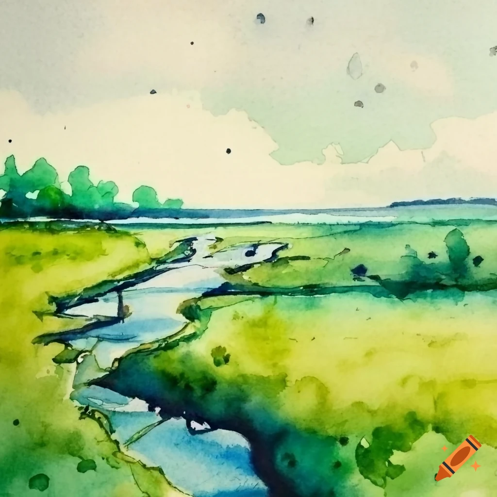 Watercolor bird's eye view of a lush field with a river