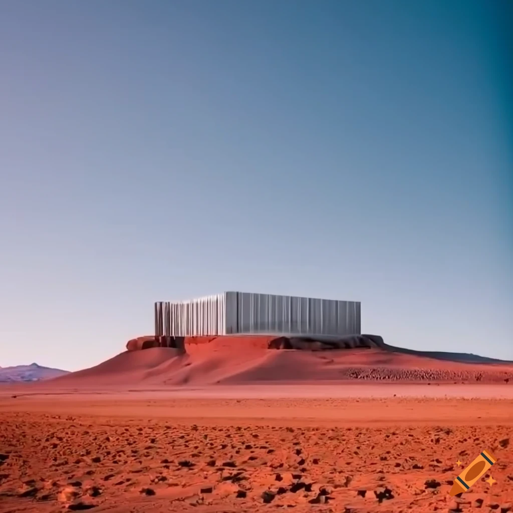 Pavilion in a desert setting with people and screens on Craiyon