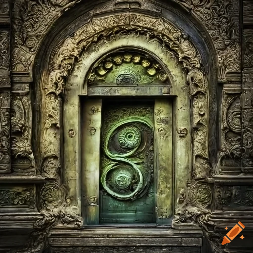 Baroque moss-covered door with galaxy engraving