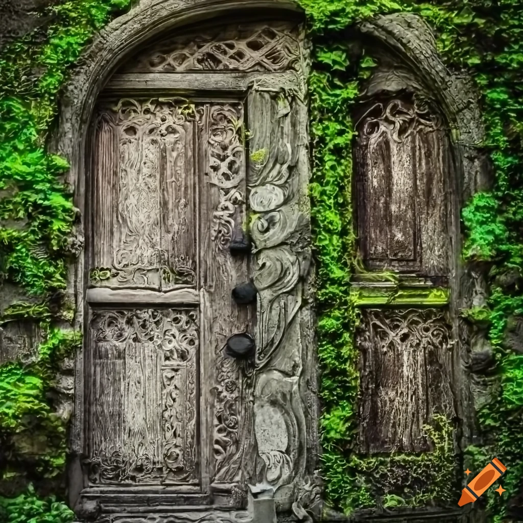 Stone baroque door with moss and pineapple engraving on Craiyon