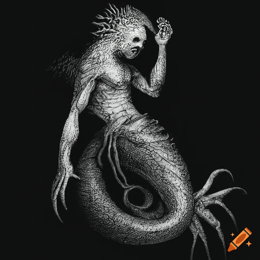 Detailed etching of a lovecraftian merman monster