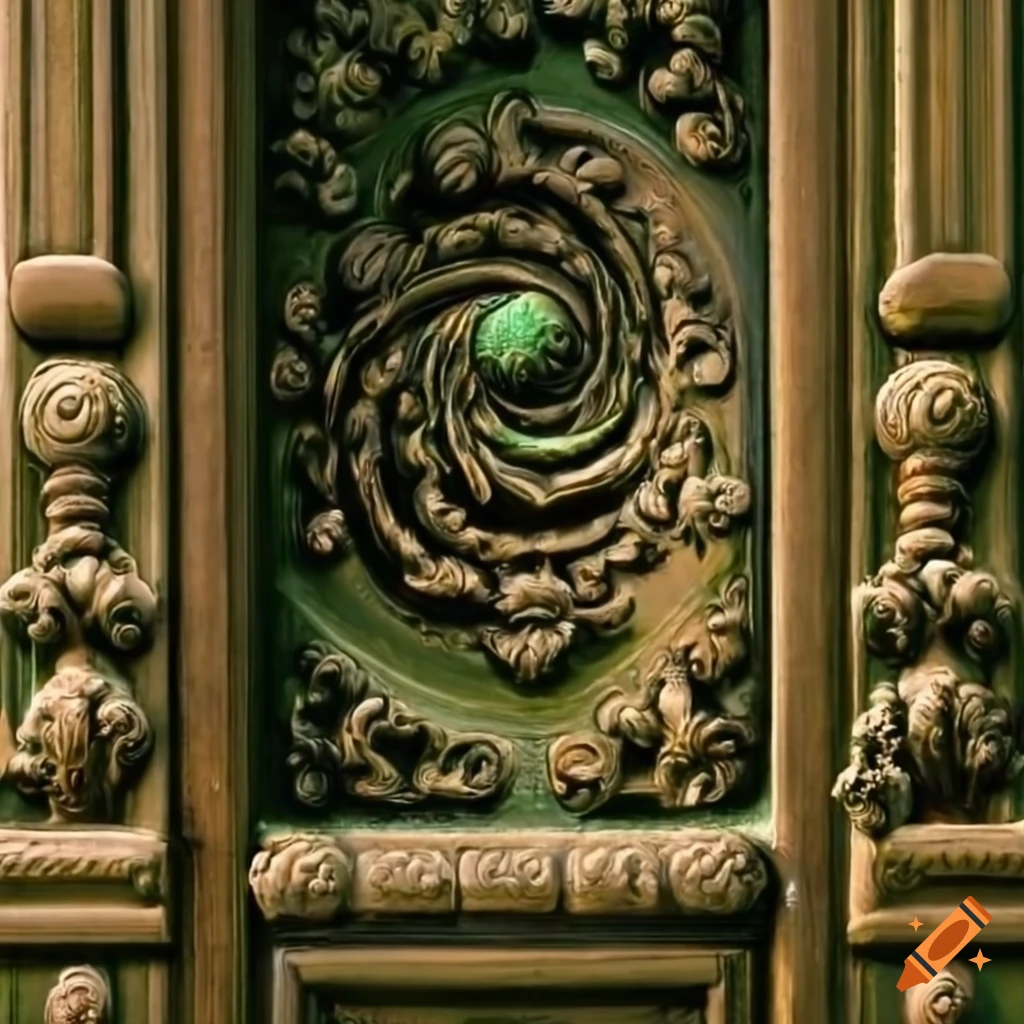 Intricate moss-covered baroque door with bas-relief