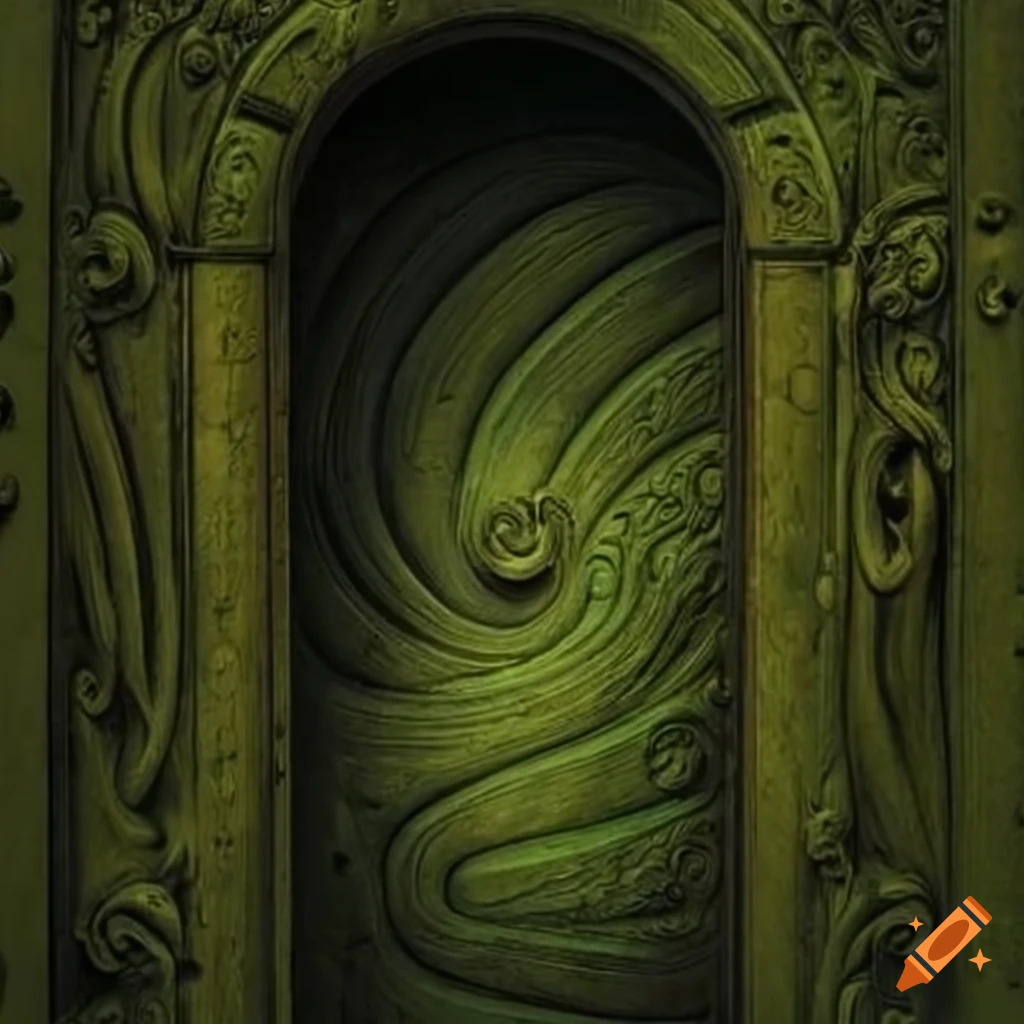 Moss-covered baroque door with spiral bas-relief on Craiyon