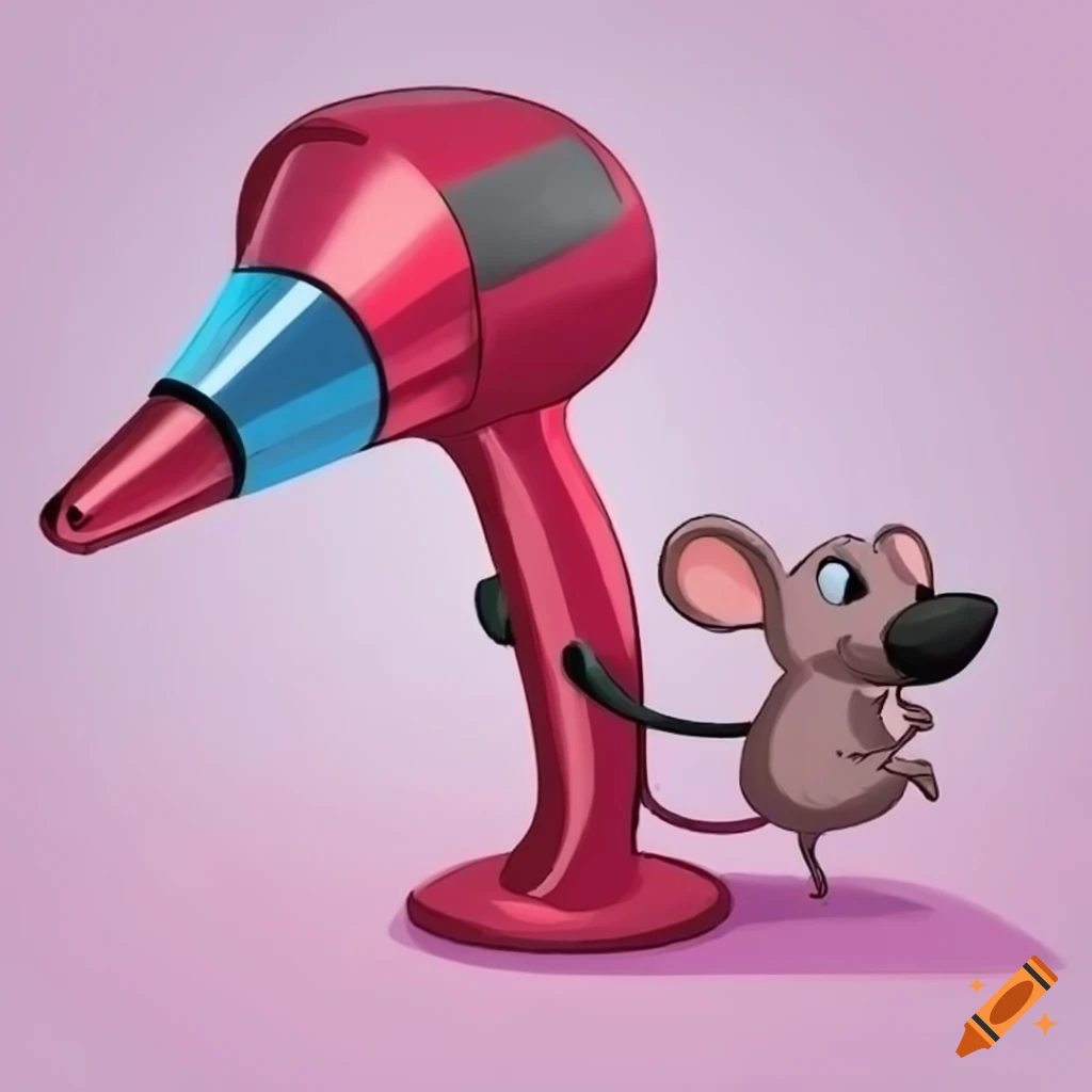Cartoon illustration of a hair dryer and mouse on Craiyon
