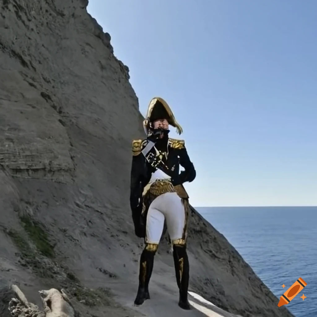 Portrait of Napoleon on a rock looking at the sea on Craiyon