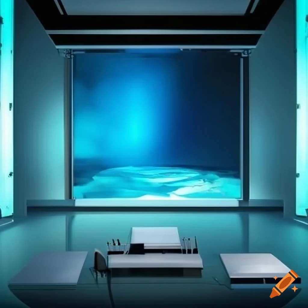 Interior design of a 3d graphics room with a big screen on Craiyon
