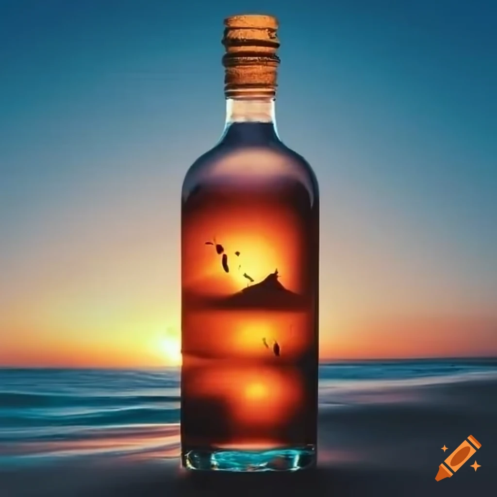 Sunset by the ocean and rum bottle on the sand