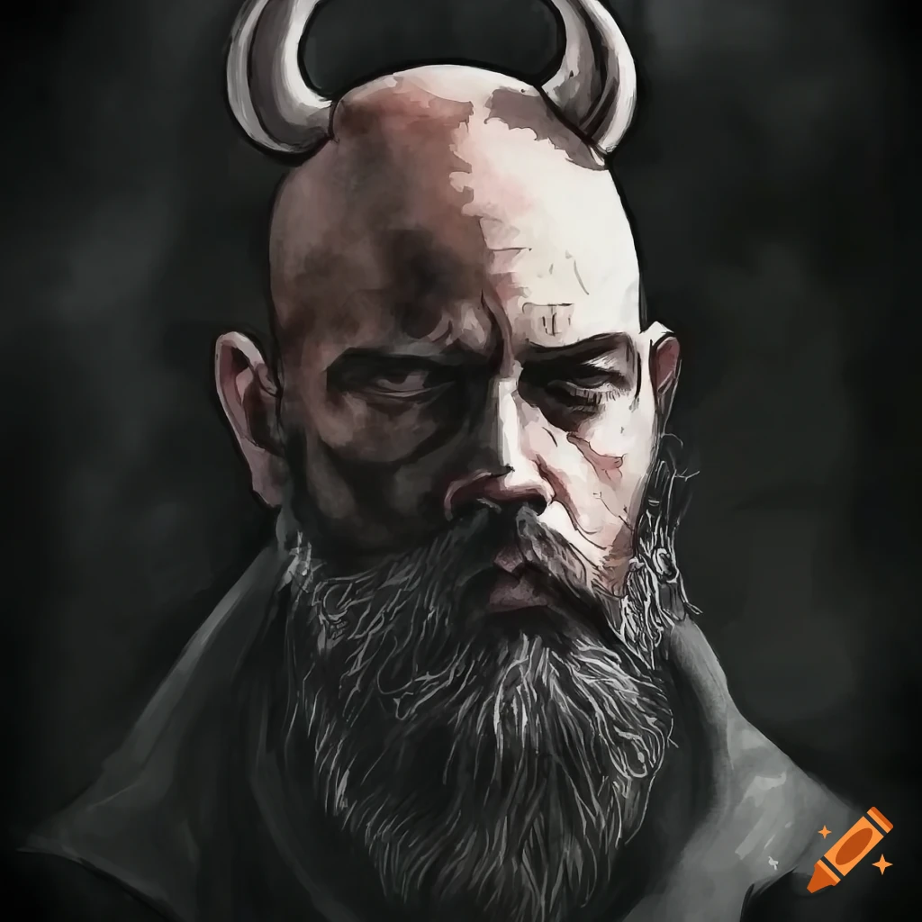 Black and white drawing of a man with horns