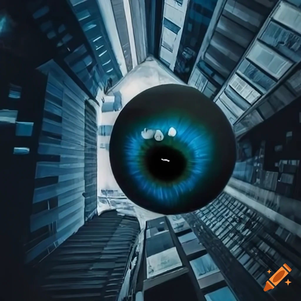 Surreal painting of eye balloon in cityscape on Craiyon