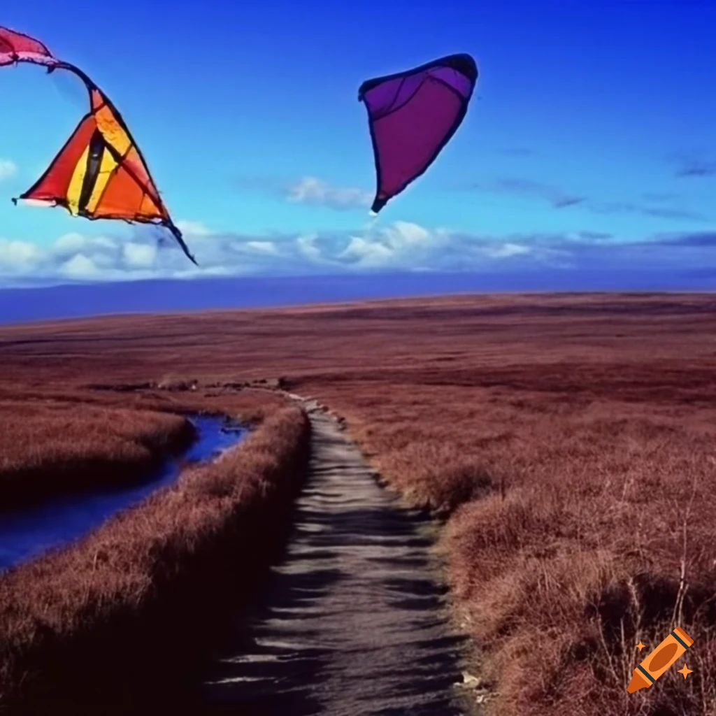 Vibrant manga cover with colorful kites over moorland on Craiyon