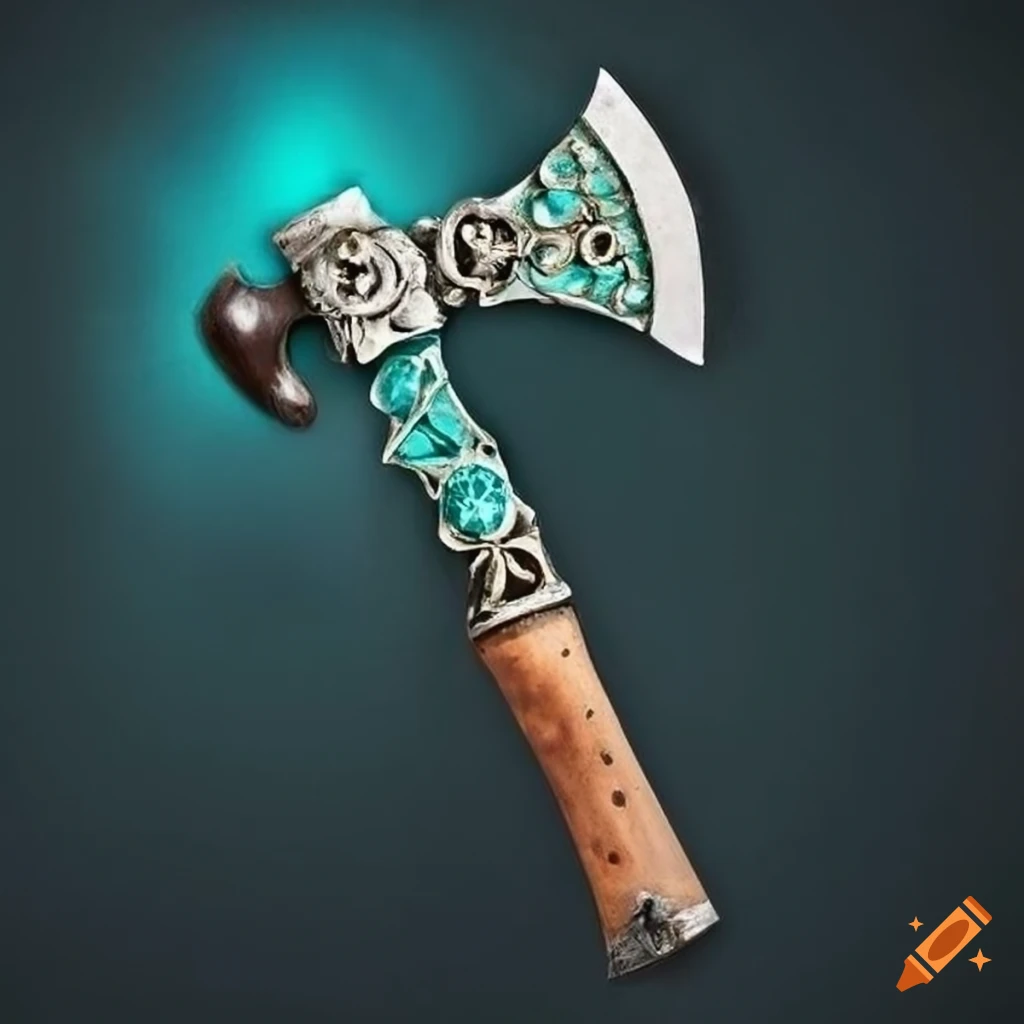 Medieval hatchet with teal gemstones on Craiyon