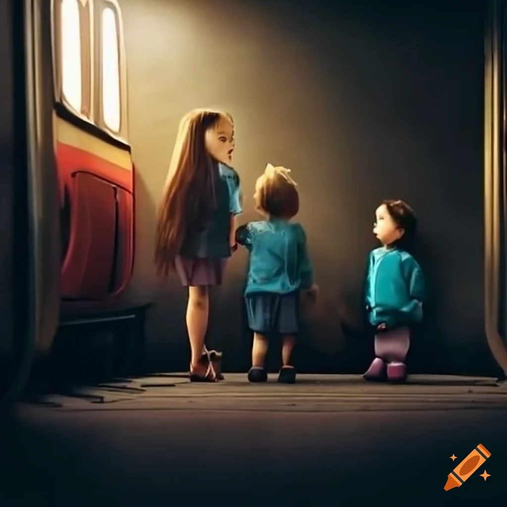 Kids hiding under a train car on Craiyon