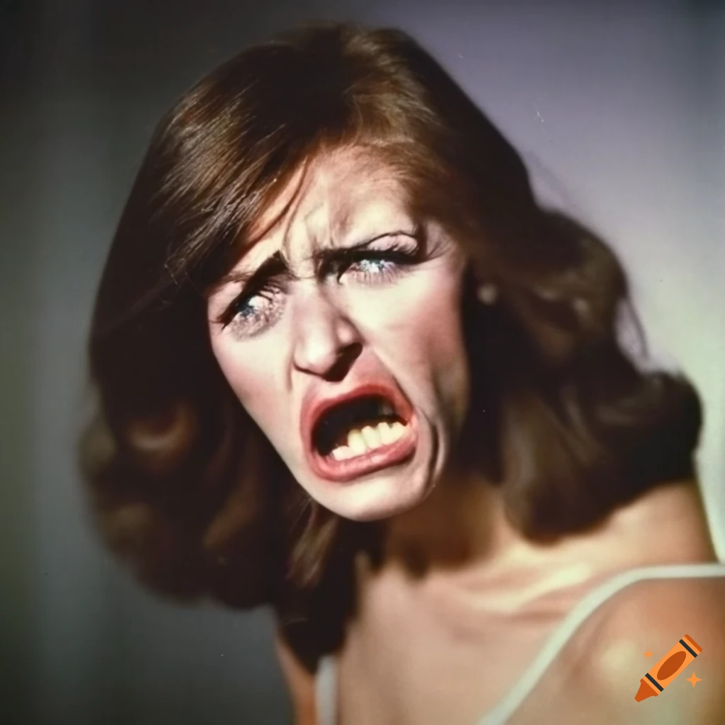 Vintage photo of an angry woman in multicolor