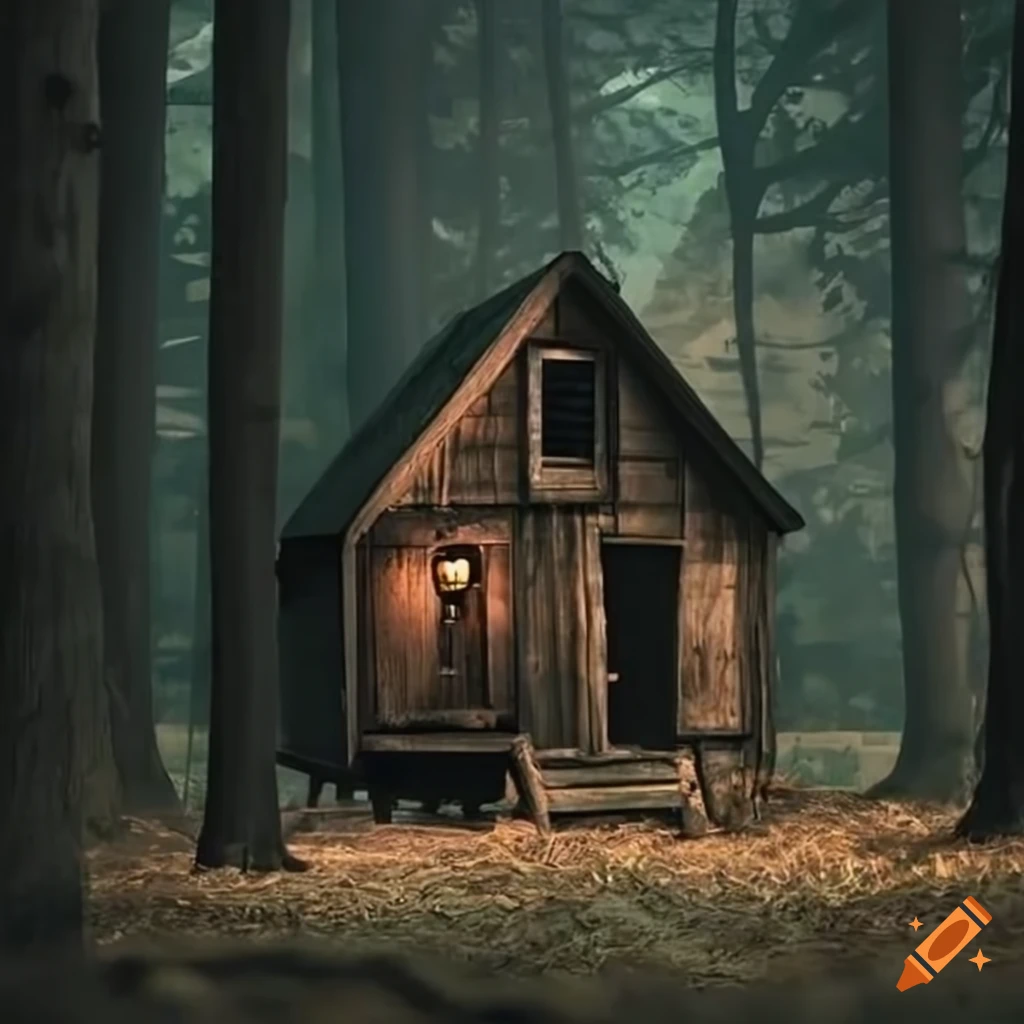 Dark academia style cottage shack in the deep woods