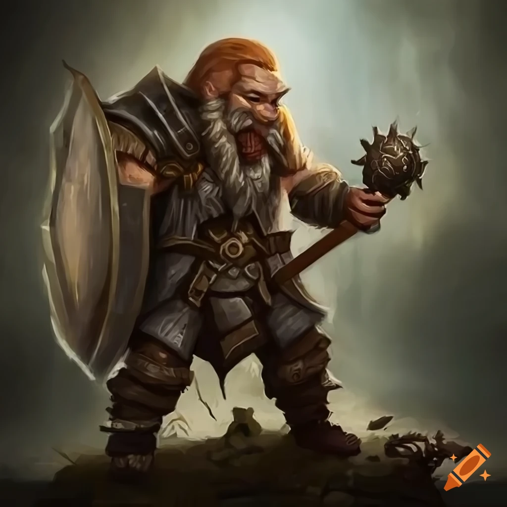 Illustration of a mountain dwarf paladin with a flail on Craiyon