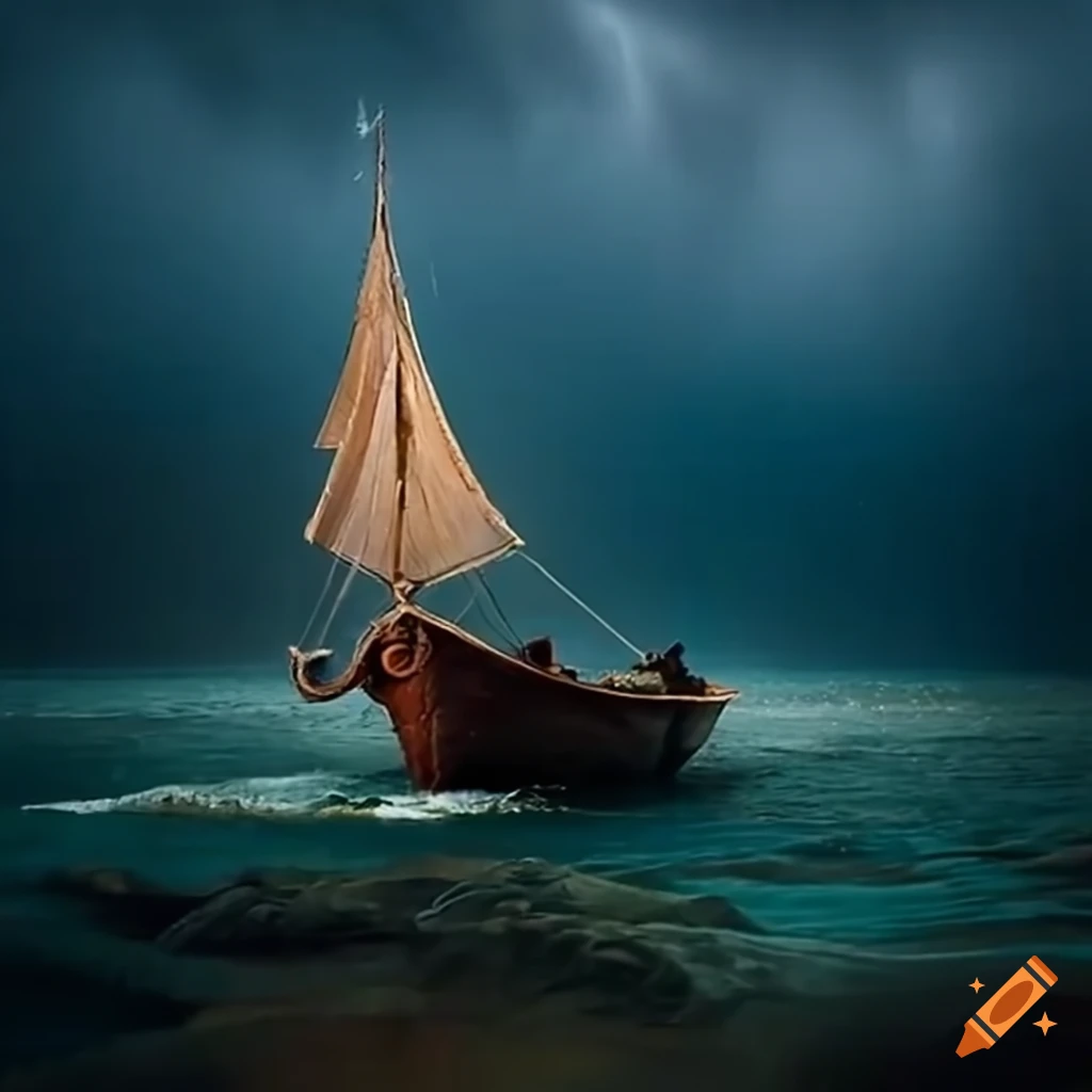 Artistic portrayal of an ancient fishing in the stormy sea