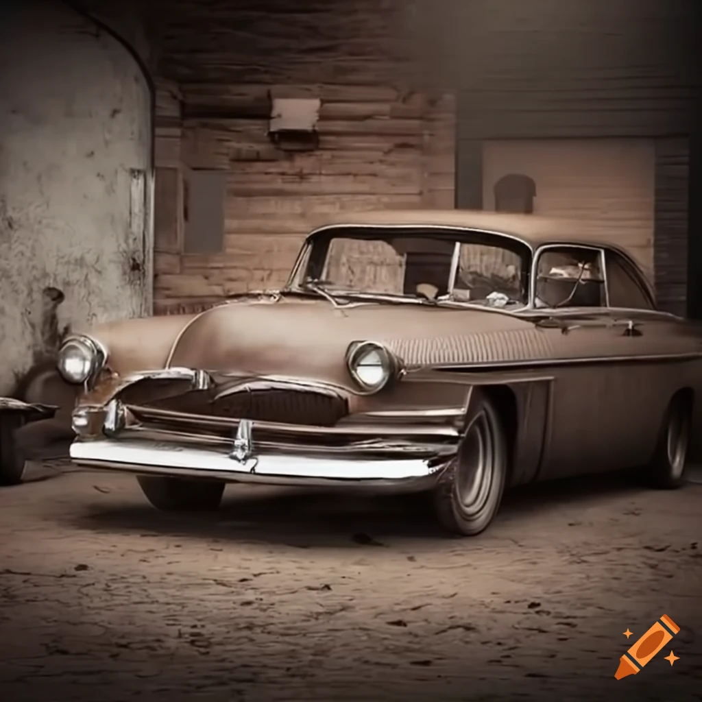 Rendering of a vintage car in a dusty garage on Craiyon