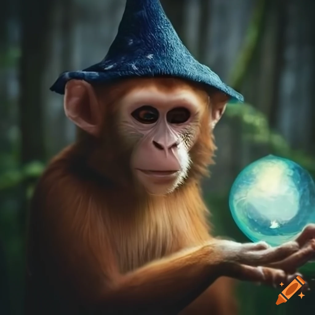 Monkey wearing a wizard hat in a mystical forest