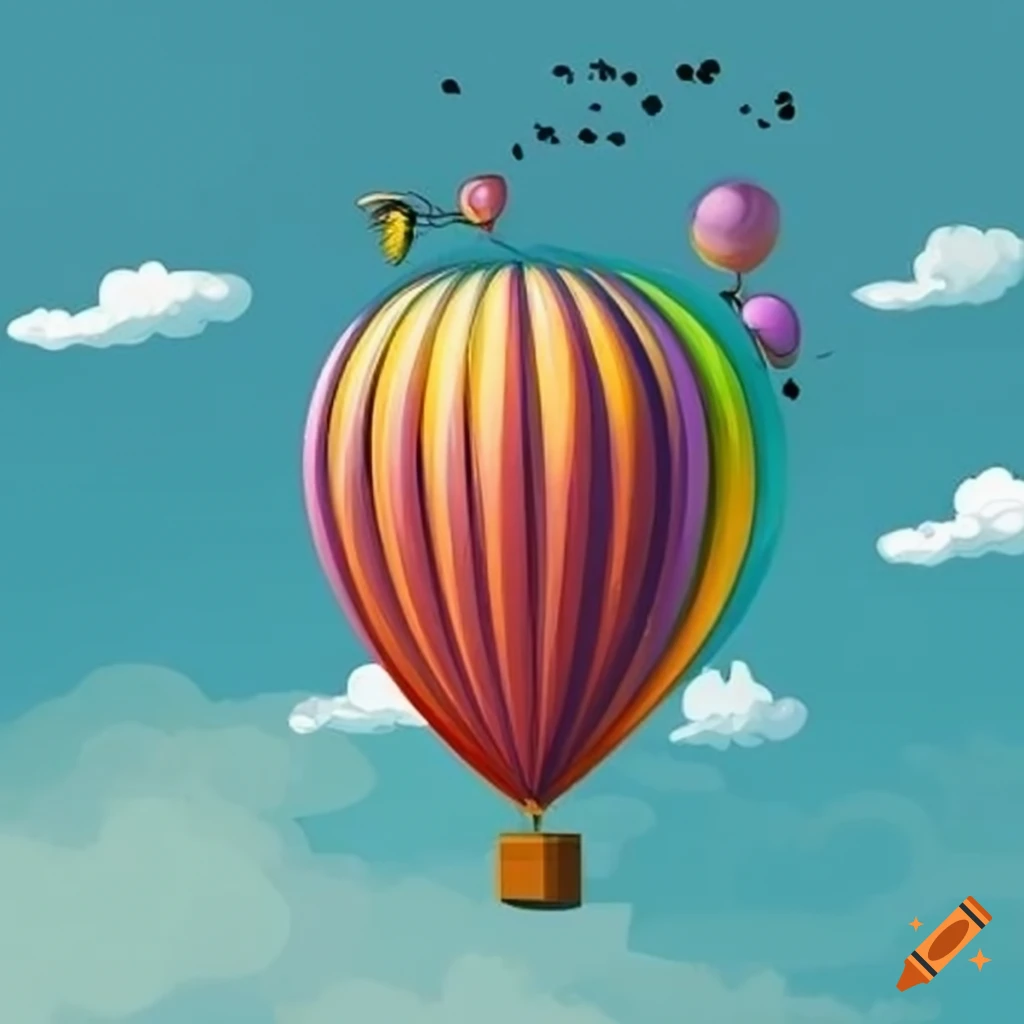 Cartoon illustration of a balloon flying in the clouds