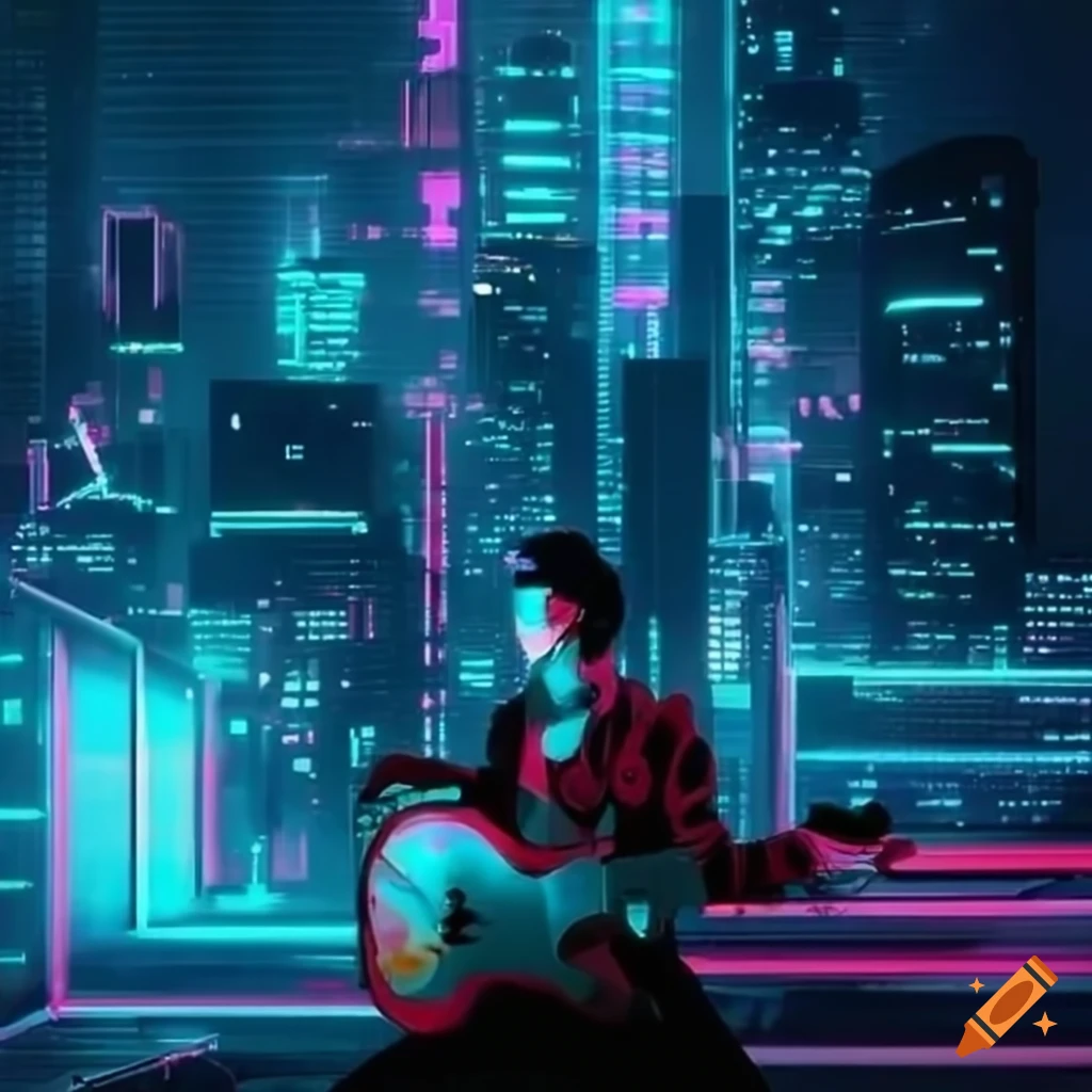 Neon-lit cyber city with a musician on Craiyon