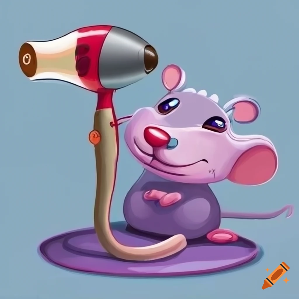 Cartoon illustration of a hair dryer and mouse on Craiyon