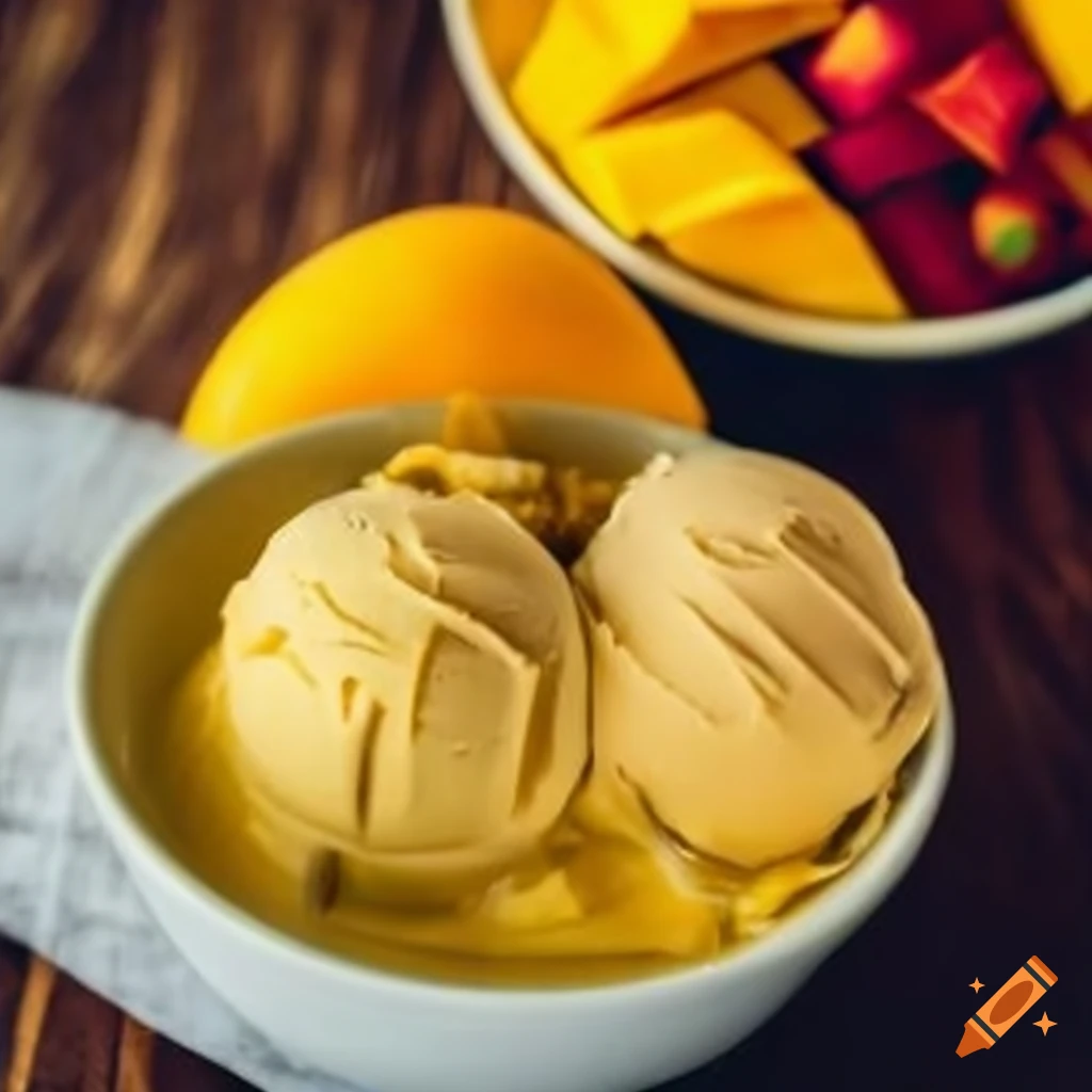 Mango ice cream with fresh mango cubes on Craiyon