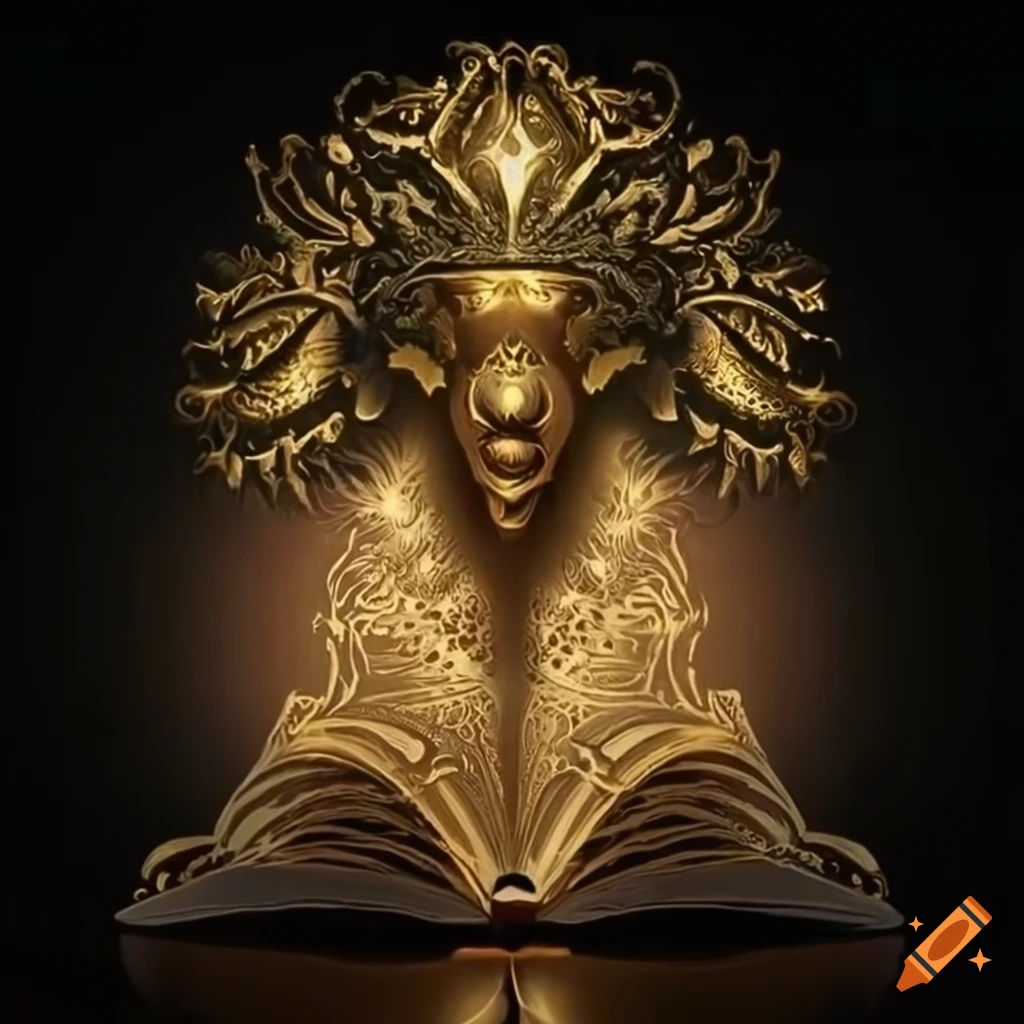 Illustration of a majestic mythical Book with golden details on Craiyon