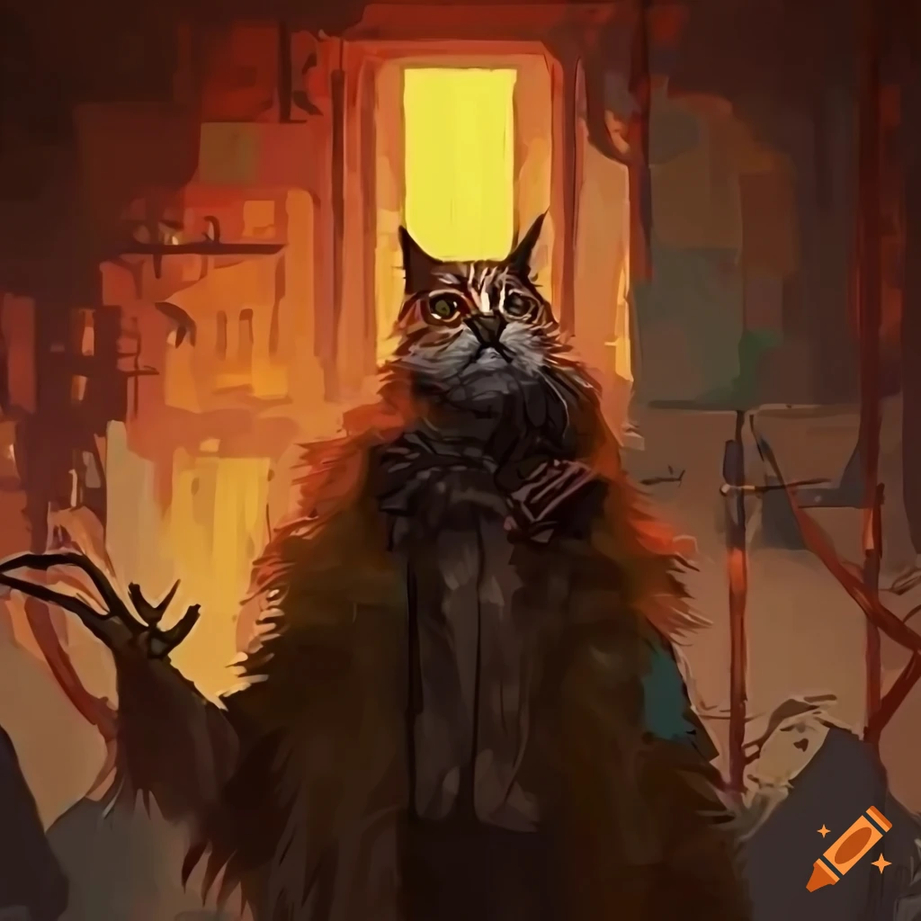 Portrait of a maine coon cat with disco elysium theme
