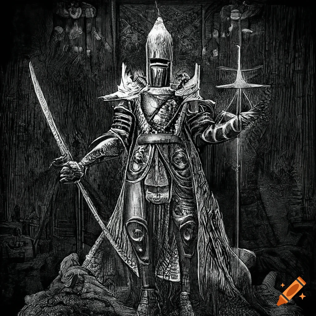Highly detailed monochrome etching of an occult knight on Craiyon