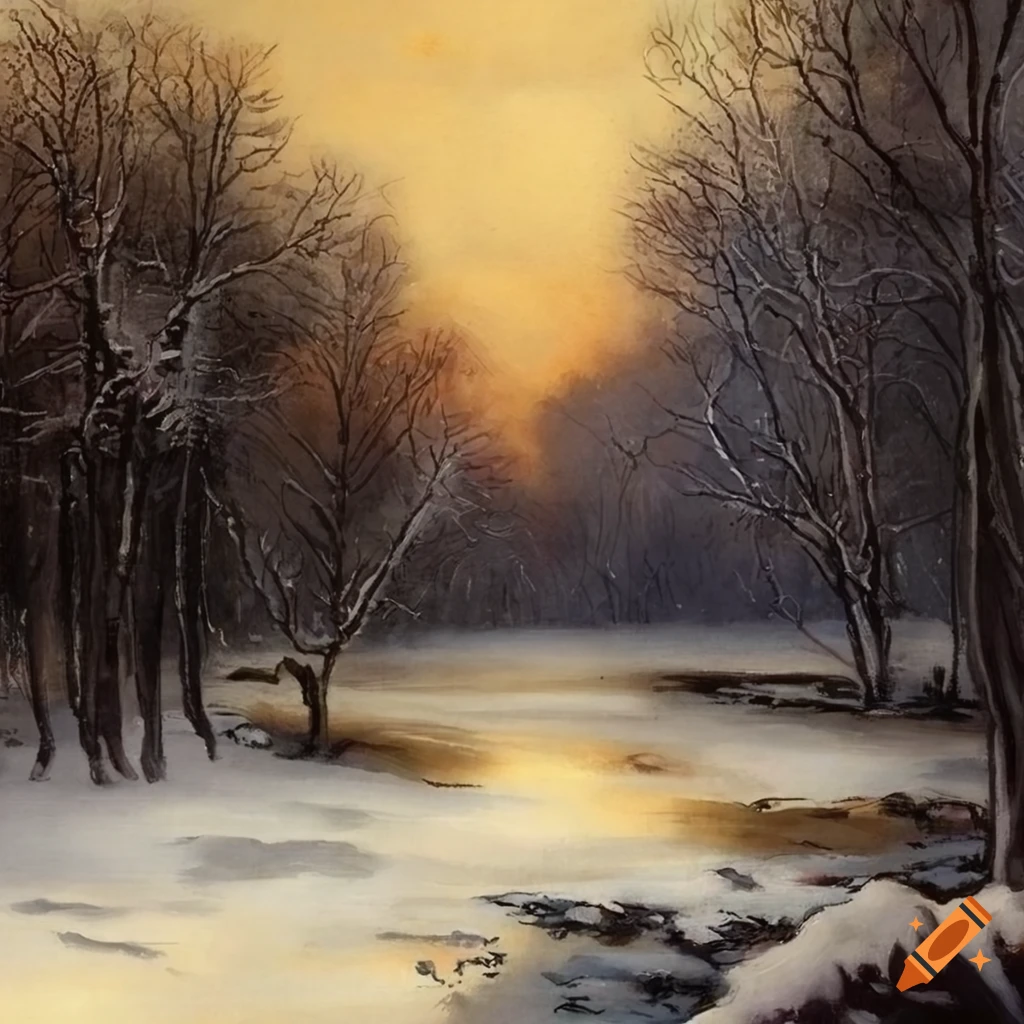 Victorian oil painting of snow-covered trees and frozen pond