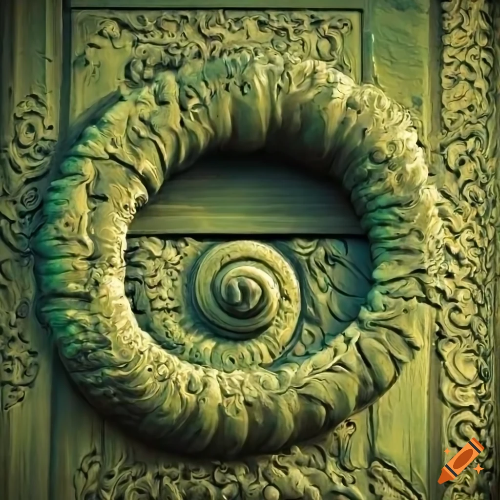 Intricate moss-covered baroque door with bas-relief on Craiyon