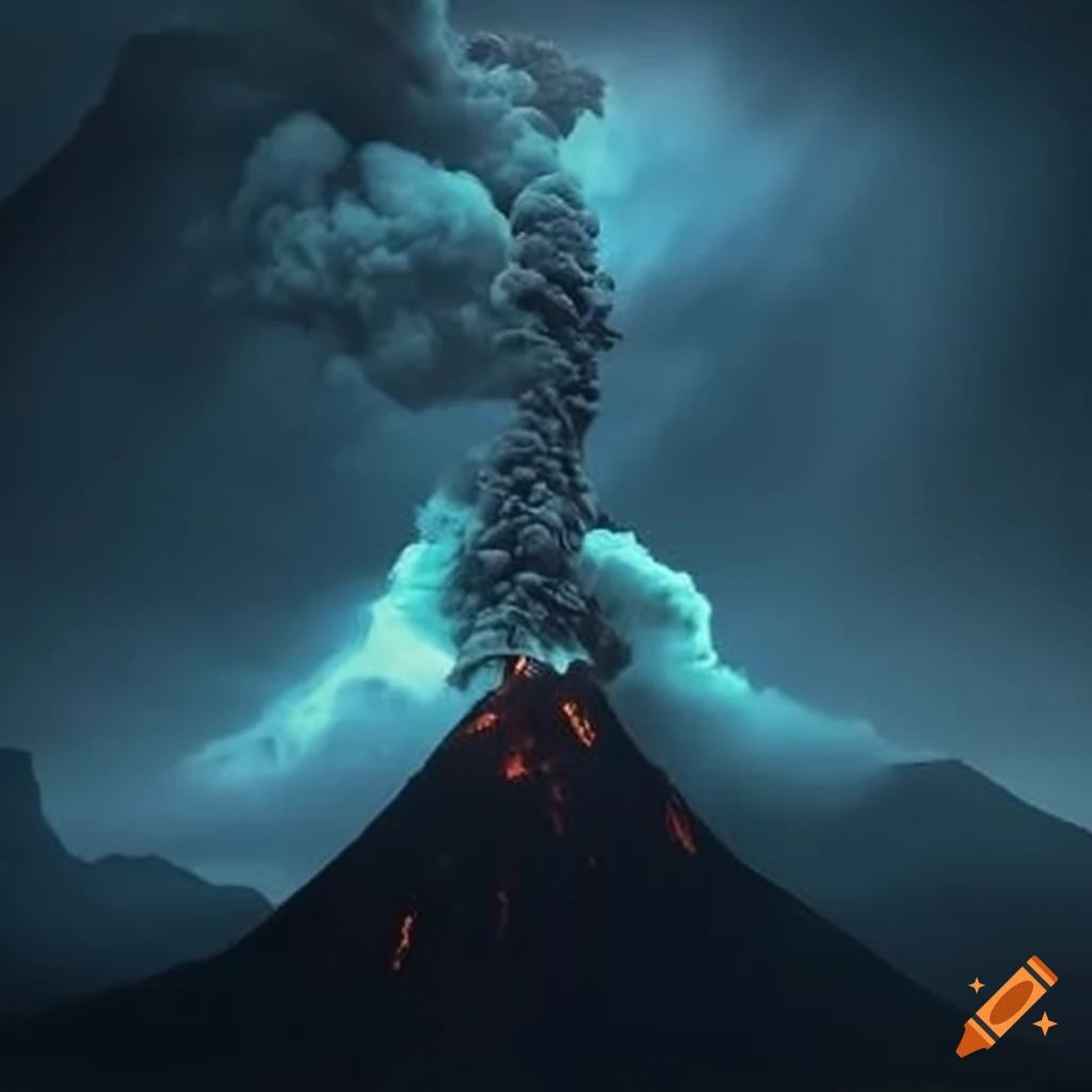 A phoenix rising from a volcano