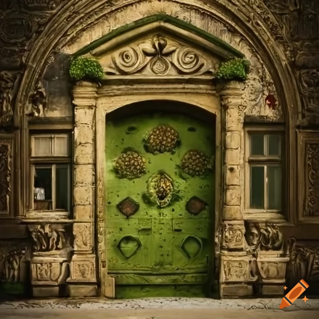 Golden hour light on a moss-covered stone door with pineapple engraving ...