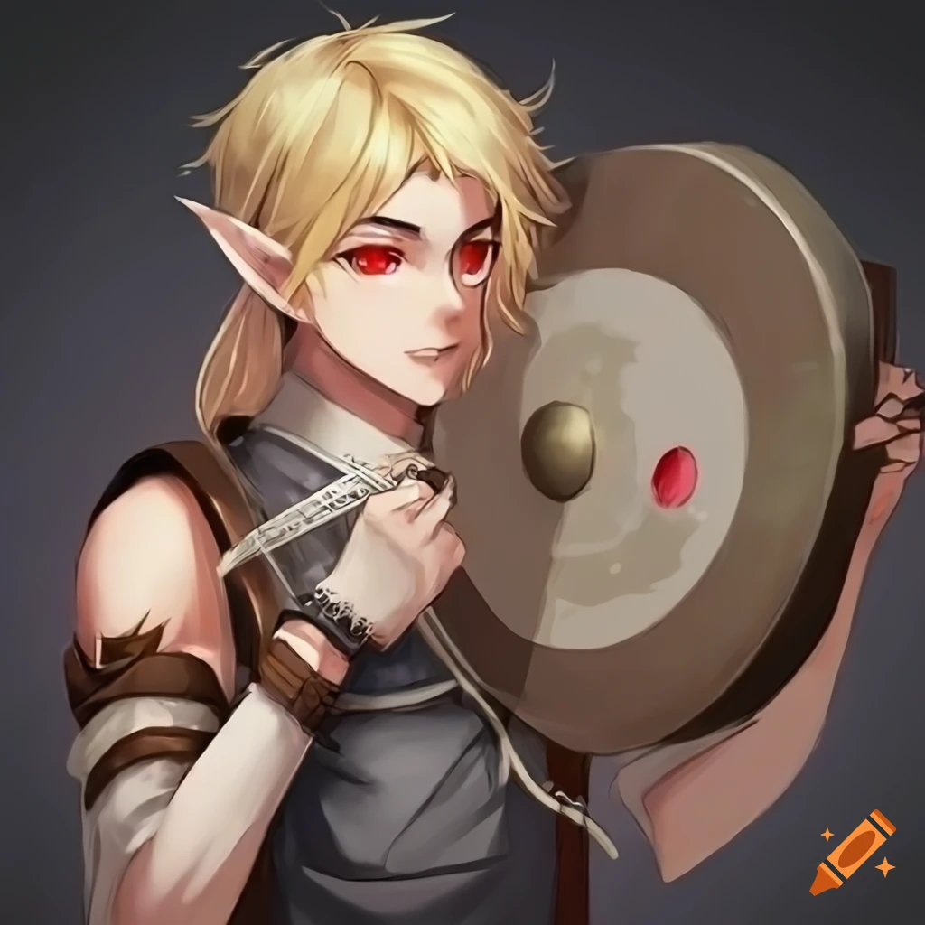 Anime half-elf musician with blonde hair and red eyes playing a gong on ...