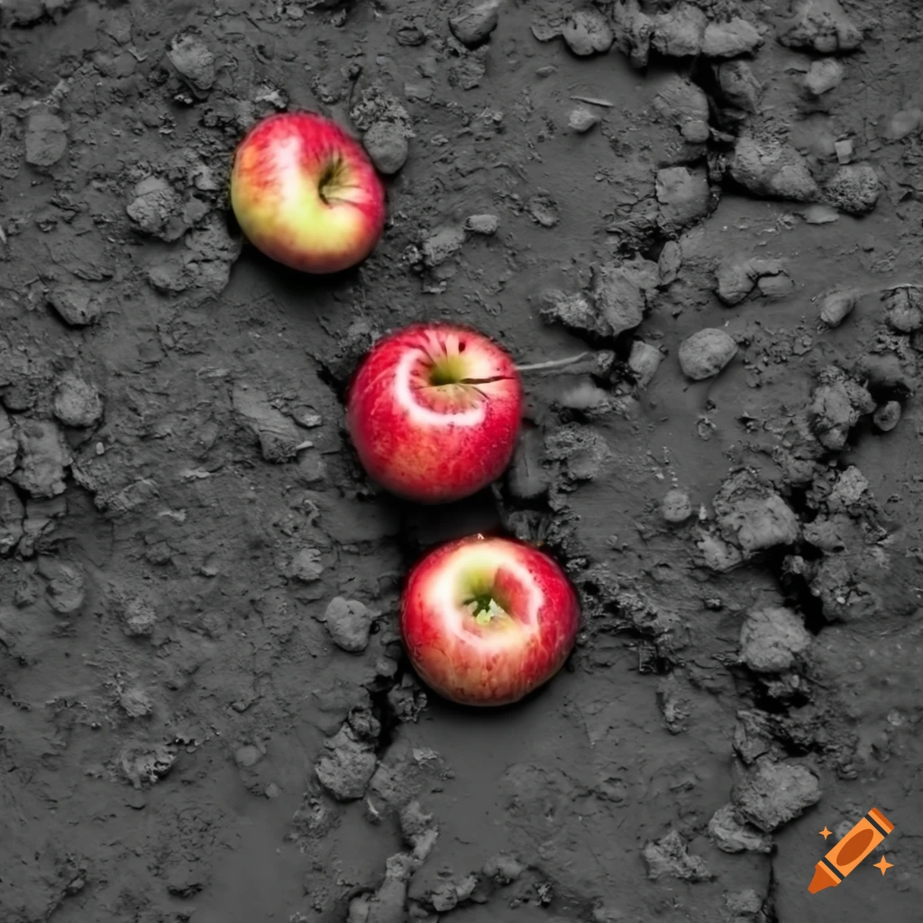 Black and white photo of fallen red apples